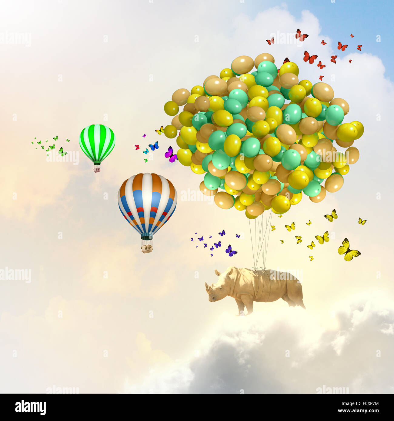 Sunny image of giraffe flying high in sky on aerostat Stock Photo - Alamy