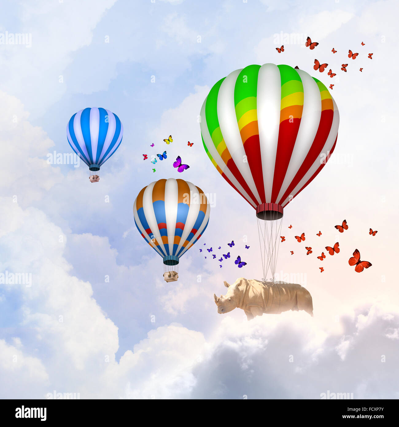 Sunny image of giraffe flying high in sky on aerostat Stock Photo - Alamy