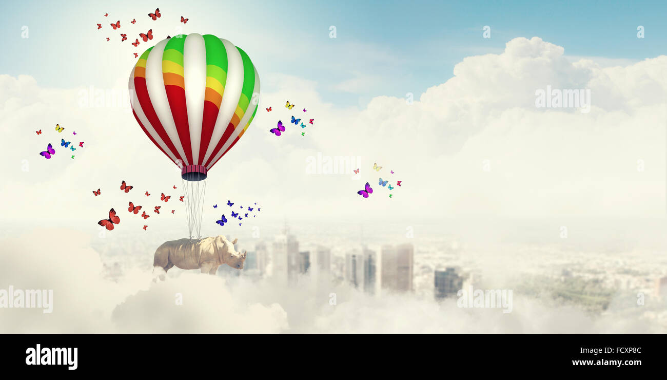 Sunny image of giraffe flying high in sky on aerostat Stock Photo - Alamy
