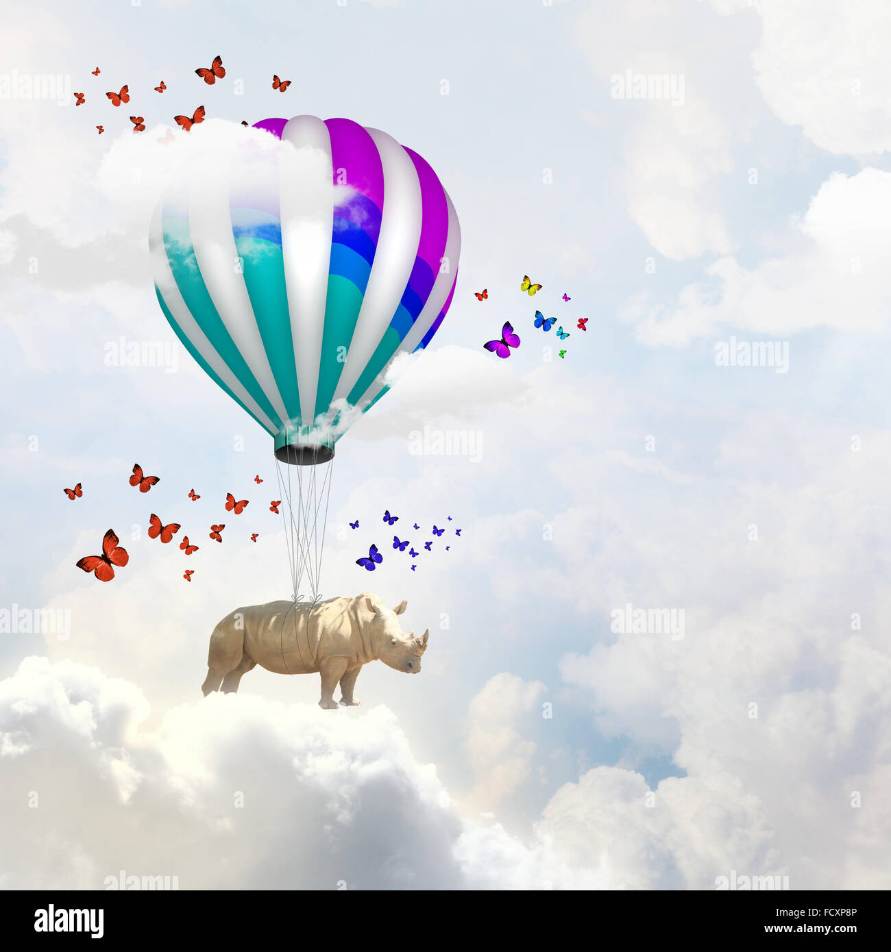 Sunny image of giraffe flying high in sky on aerostat Stock Photo - Alamy
