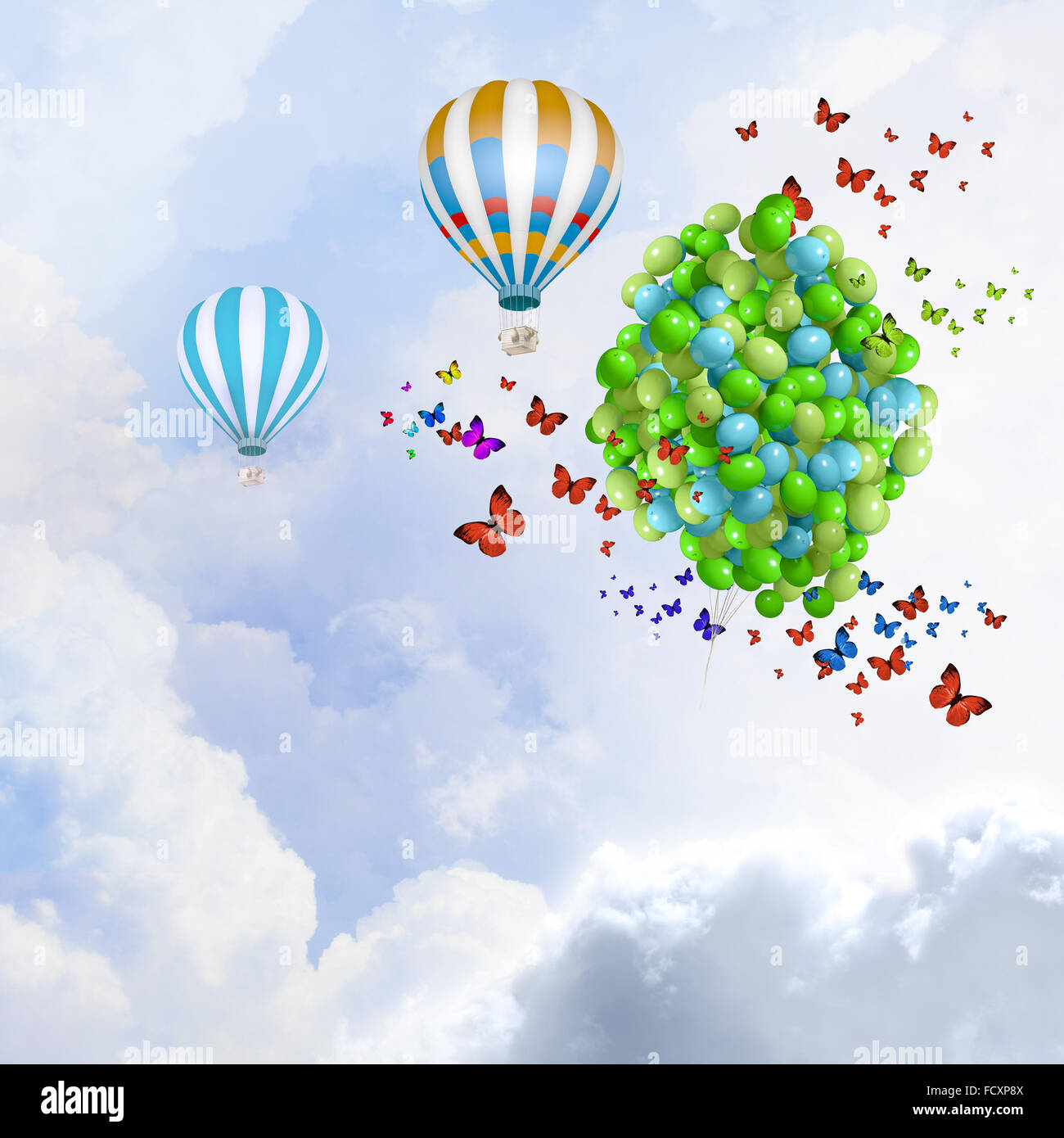 Sunny image with balloons and aerostat flying in blue sky Stock Photo ...