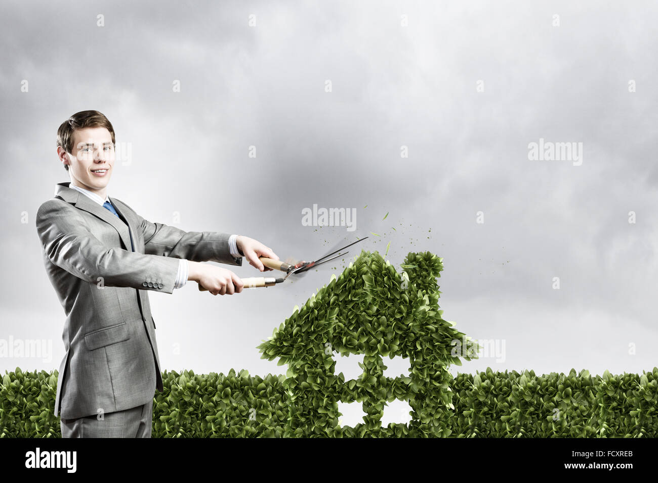 Young businessman cutting green bush in shape of house hi-res stock ...
