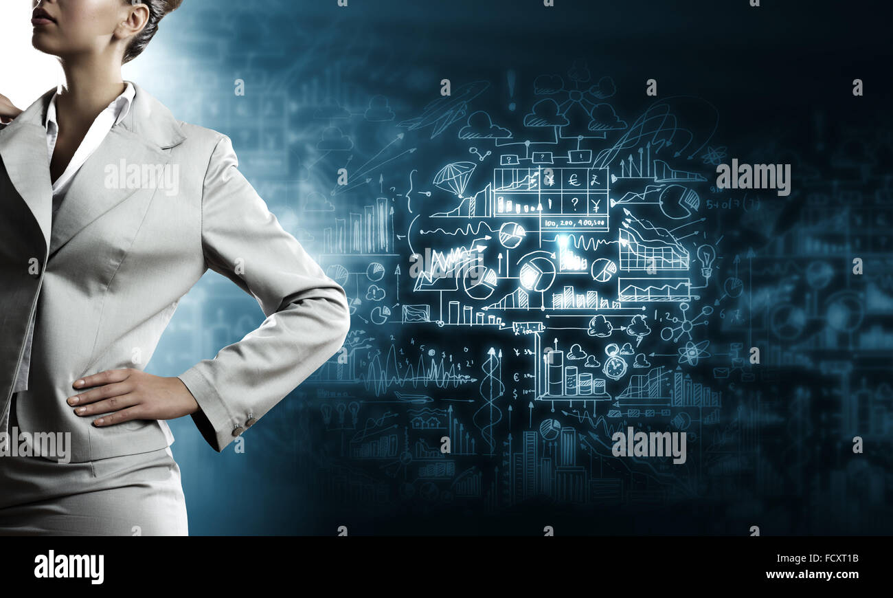 Businesswoman against sketch background. New idea and strategy Stock ...