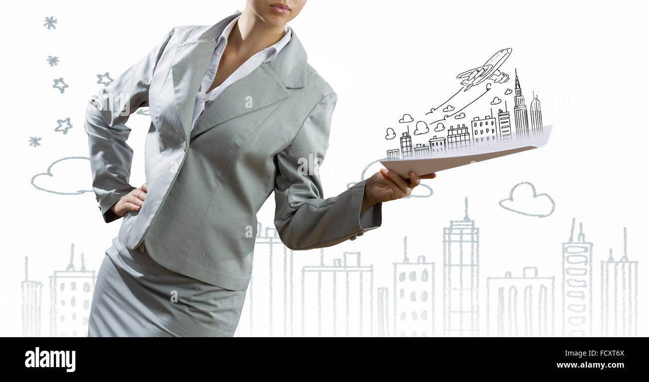 Businesswoman against sketch background. New idea and strategy Stock ...