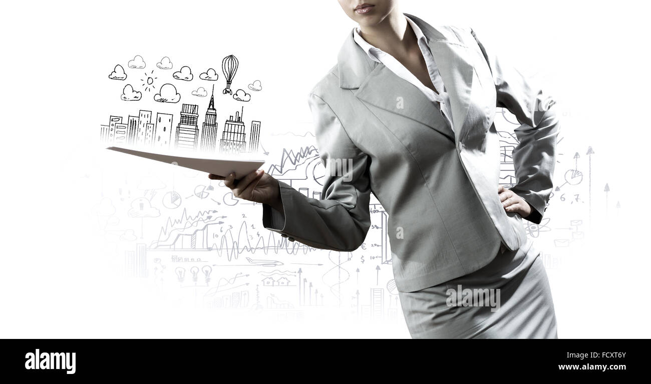 Businesswoman against sketch background. New idea and strategy Stock ...