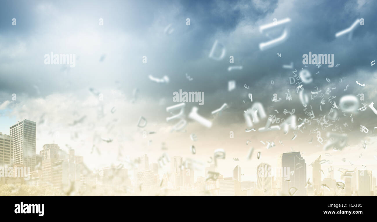 Background image with modern city scene in fog Stock Photo - Alamy