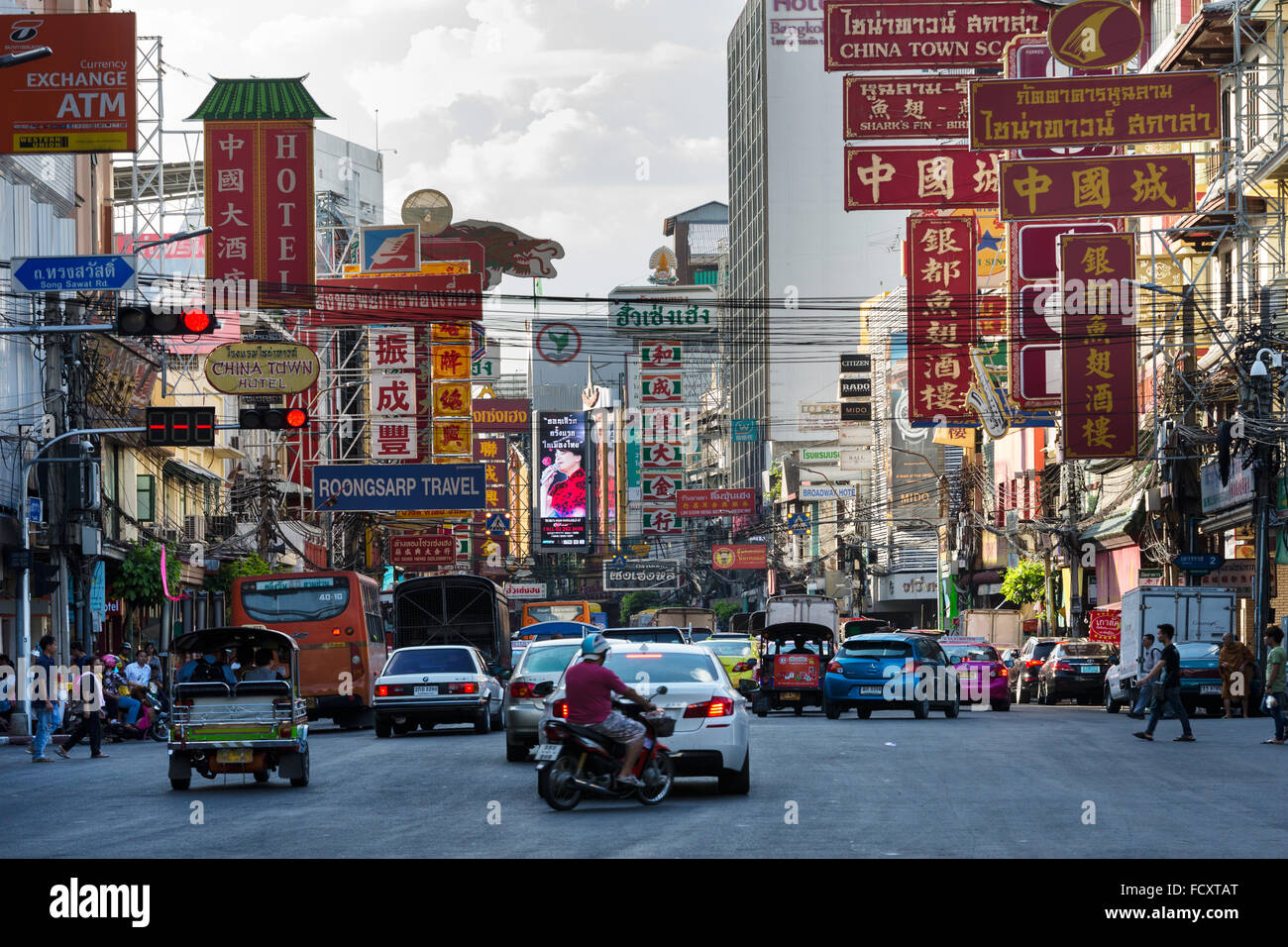Yaowarat Road in Chinatown, people and cars, commercial street, billboards, neon signs, Bangkok ...