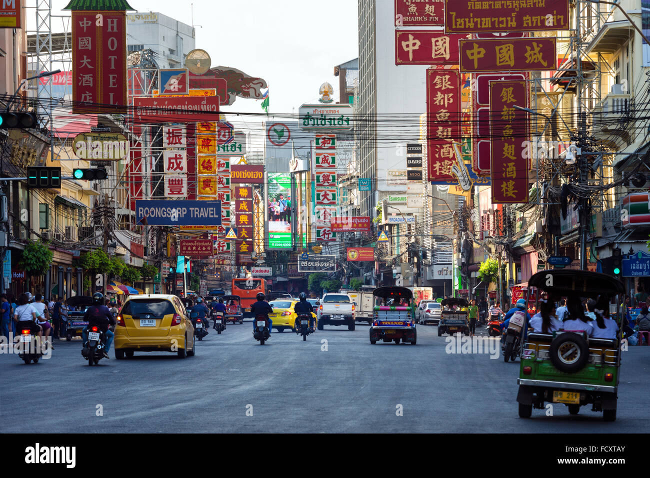 Yaowarat Road in Chinatown, people and cars, commercial street, billboards, neon signs, Bangkok ...