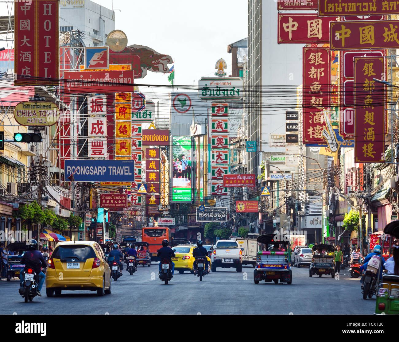 Yaowarat Road in Chinatown, people and cars, commercial street, billboards, neon signs, Bangkok ...