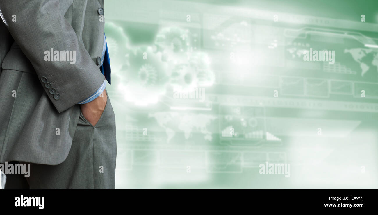 Bottom view of confident businessman against media background Stock ...