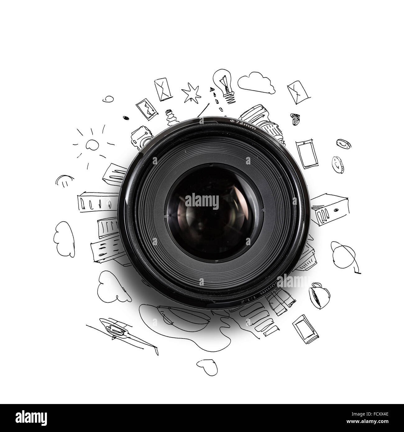 Camera lens against light background. Photography business Stock Photo ...