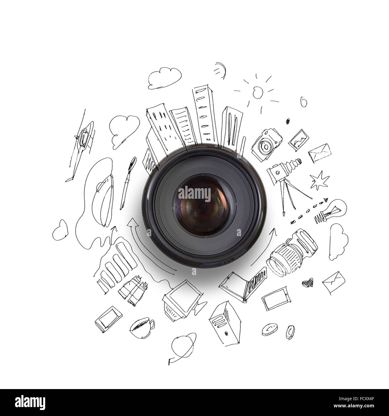 Camera lens against light background. Photography business Stock Photo ...
