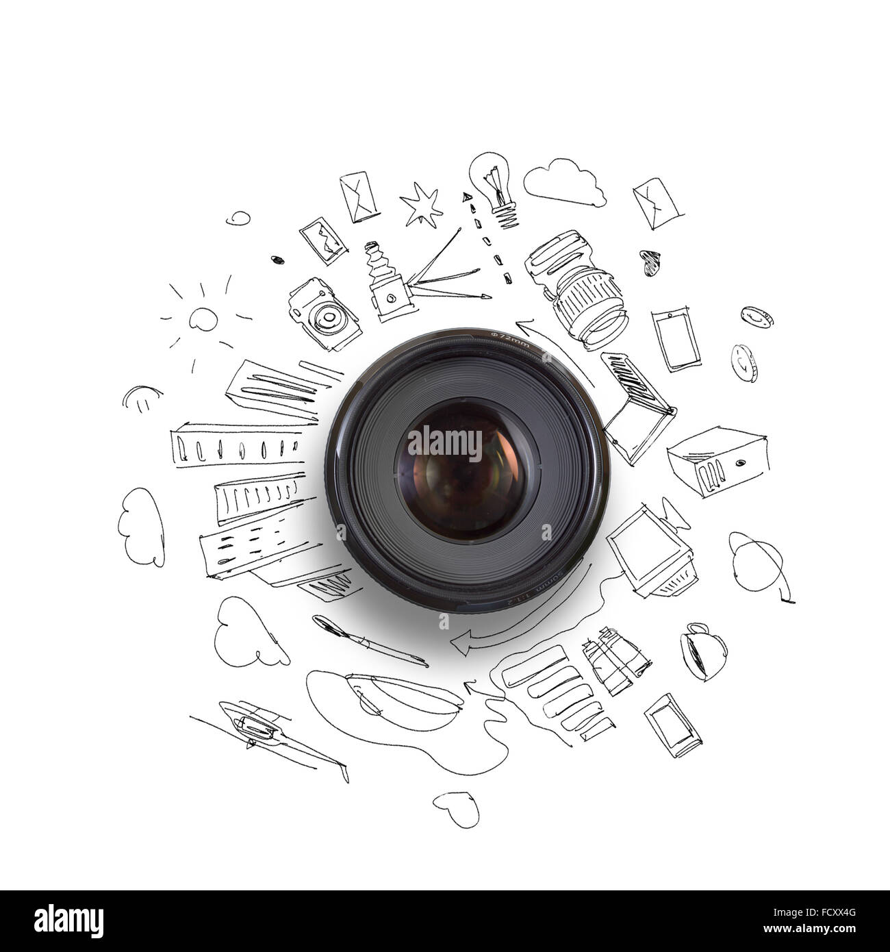 Camera lens against light background. Photography business Stock Photo ...