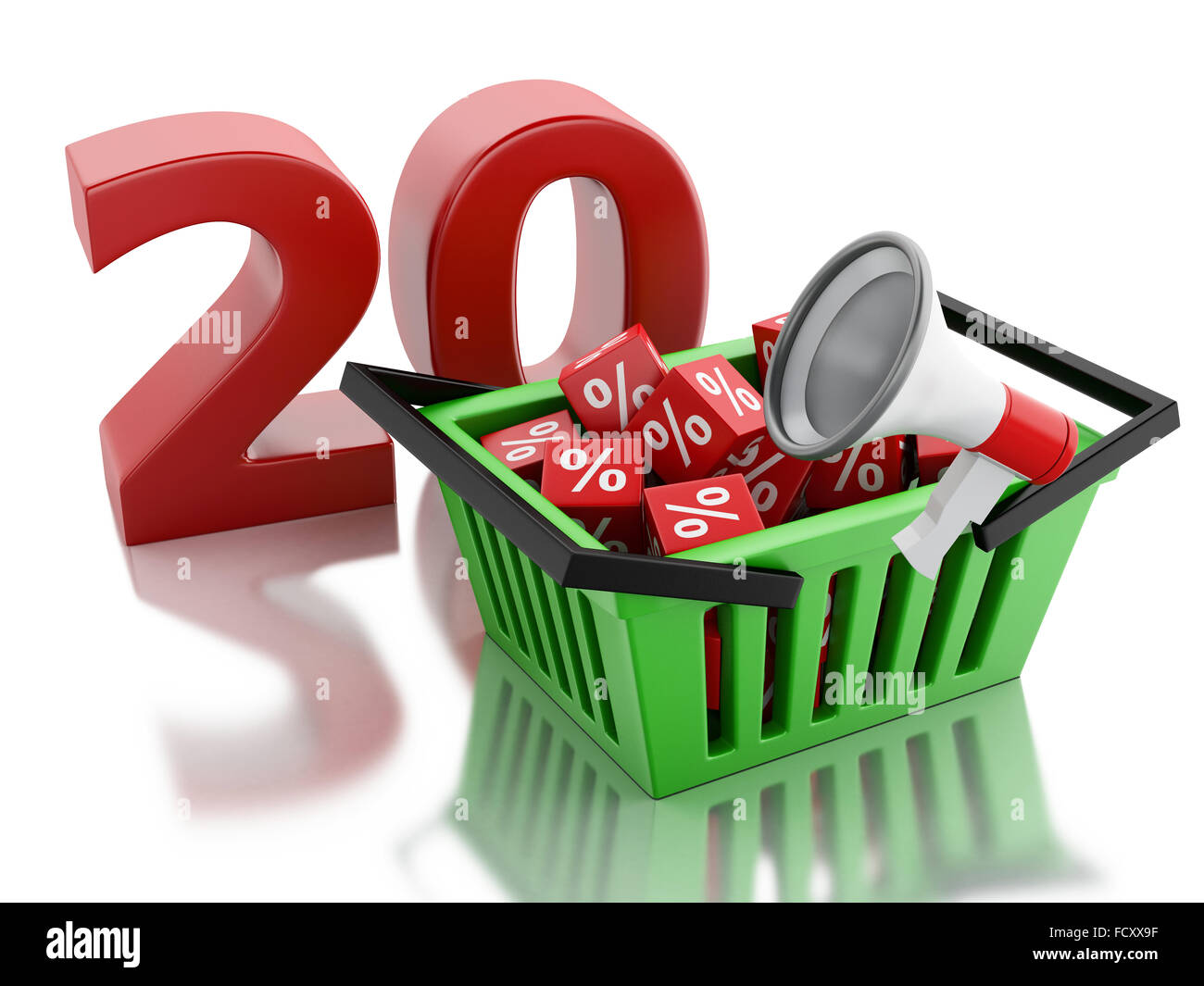 3d renderer image. Shopping basket with discount cubes and megaphone ...