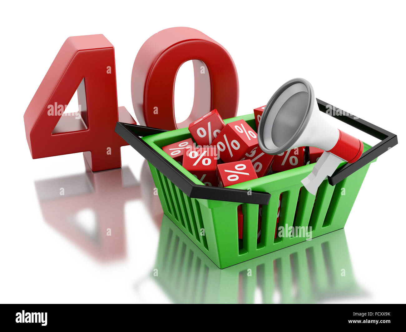 3d renderer image. Shopping basket with discount cubes and megaphone ...