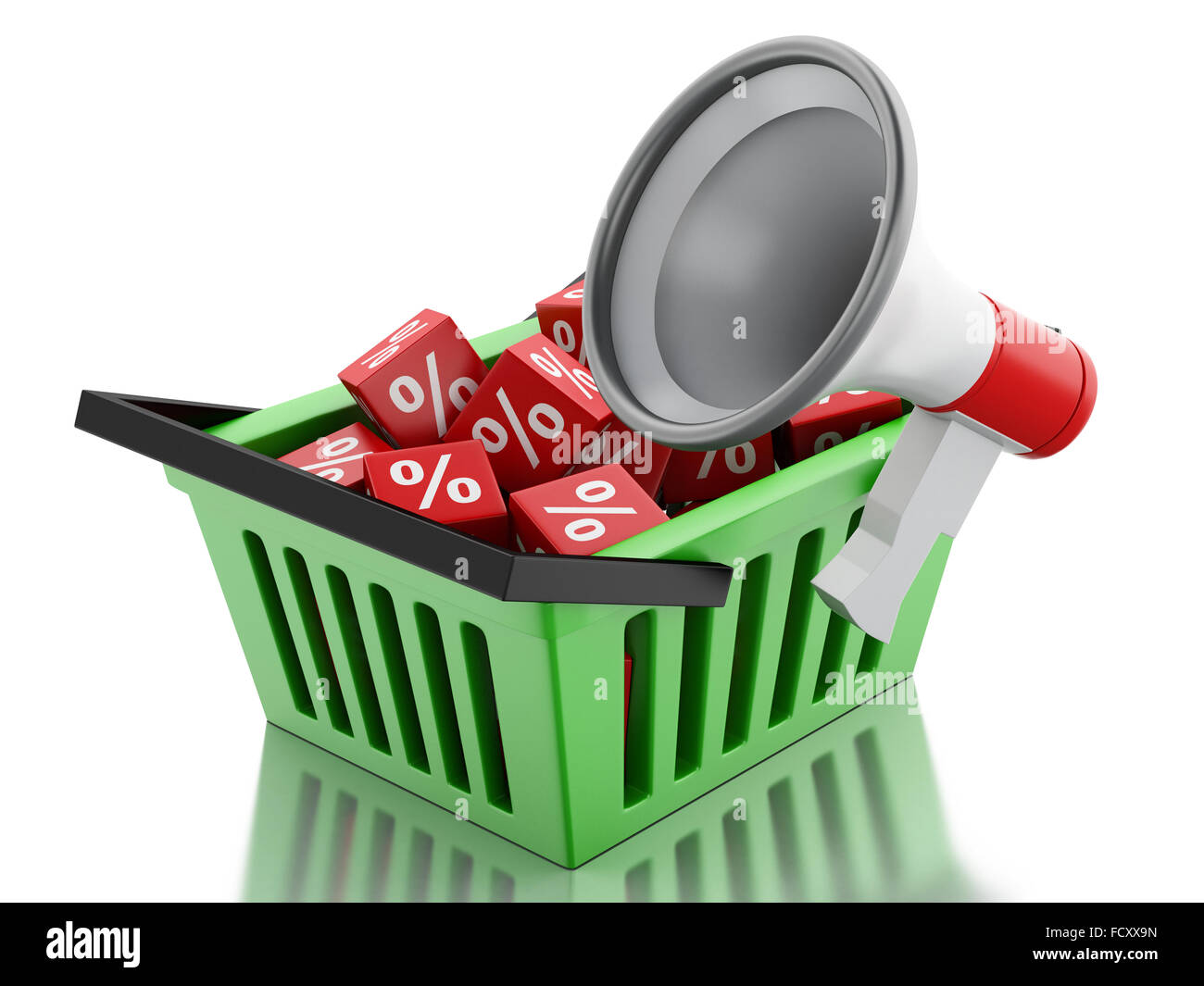 3d renderer image. Shopping basket with discount cubes and megaphone ...
