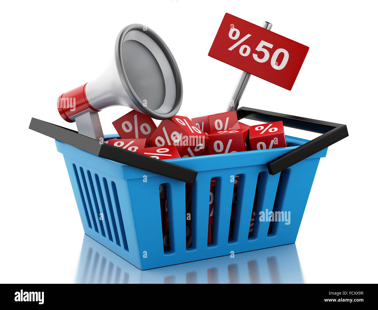 3d renderer image. Shopping basket with discount cubes and megaphone ...