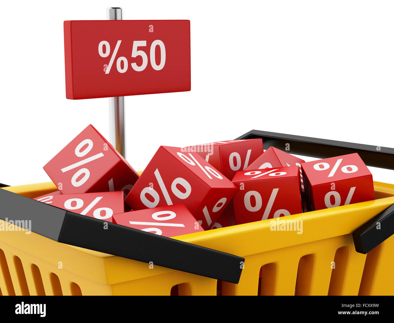3d renderer image. Shopping basket with discount cubes. Sale concept ...