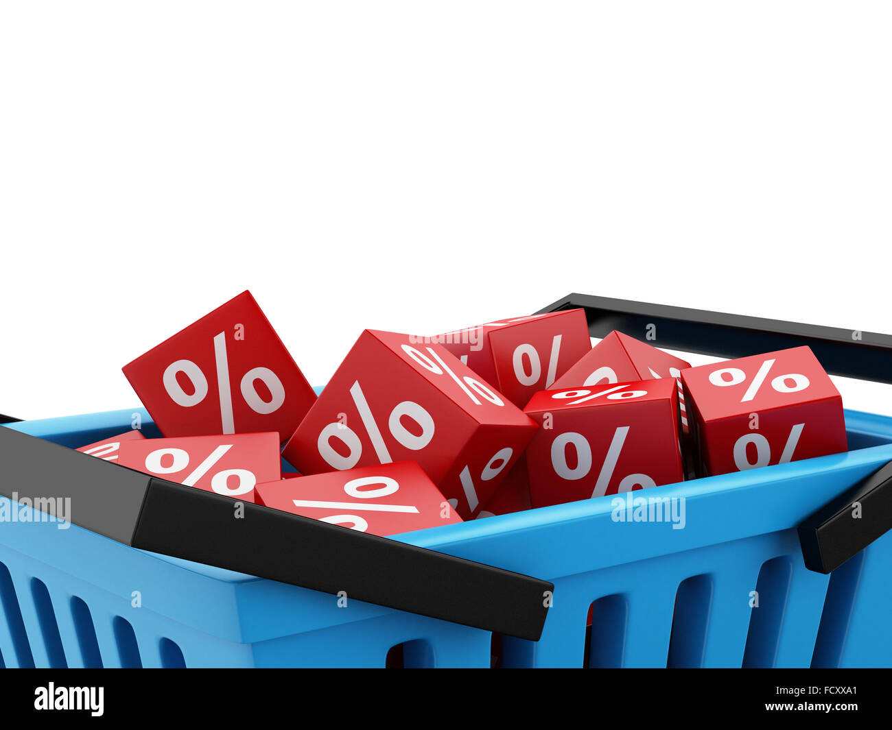 3d renderer image. Shopping basket with discount cubes. Sale concept ...