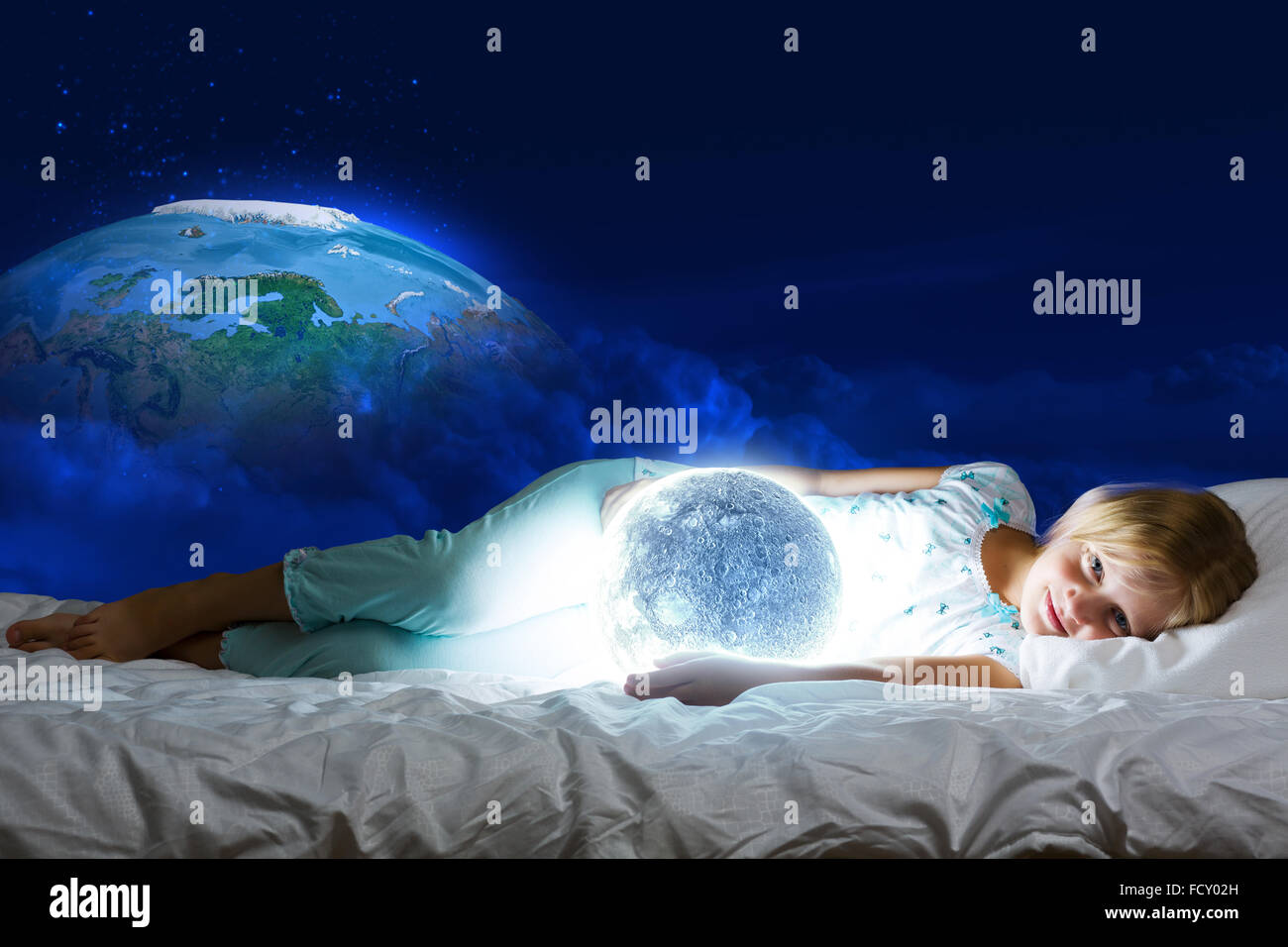 Girl lying in bed with moon in hands. Elements of this image are ...
