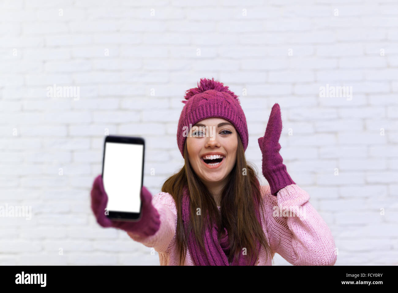 Attractive Teenage Girl Displaying Cell Smart Phone Touch Screen Empty ...
