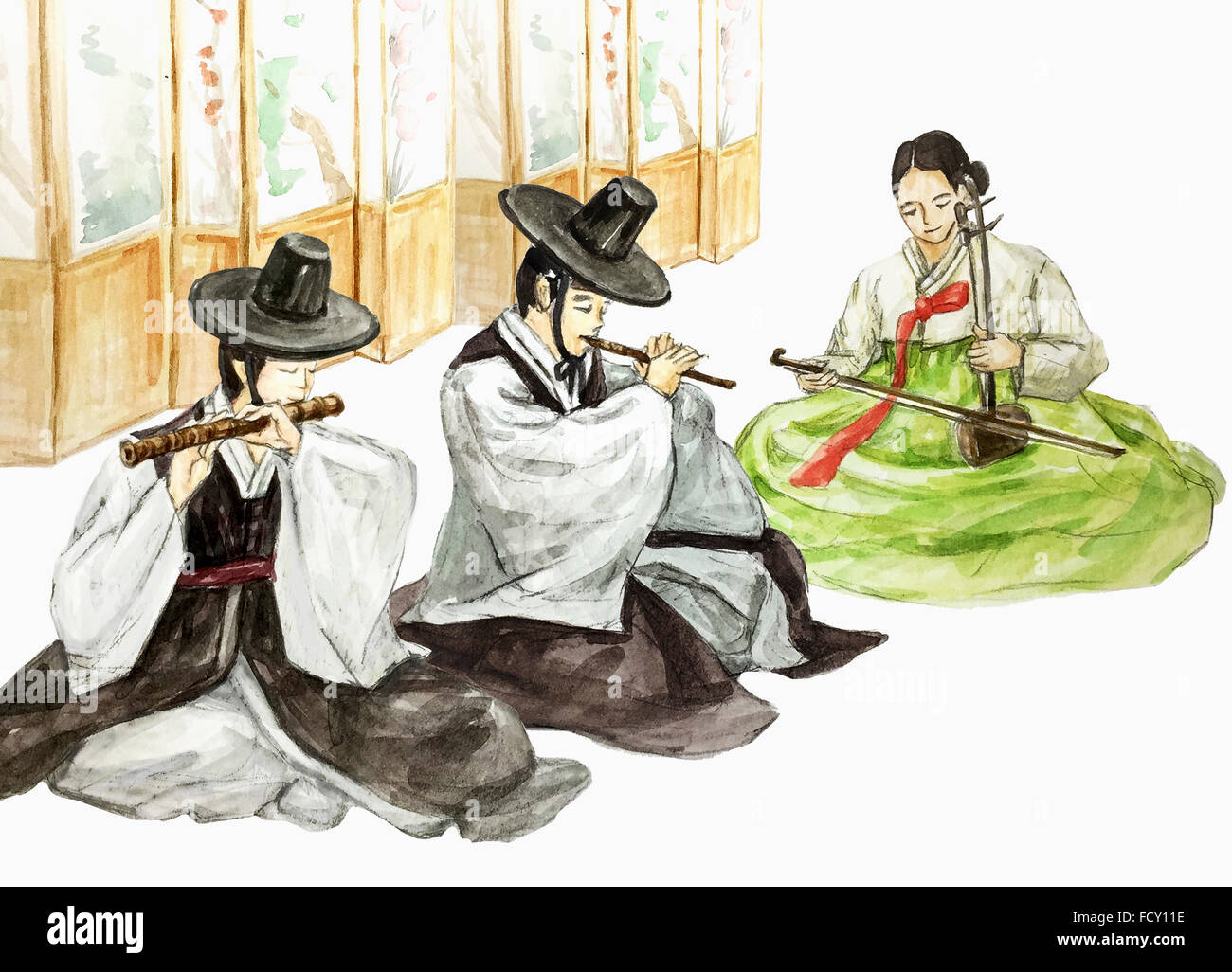 Korean traditional musical performance in watercolor illustration Stock ...