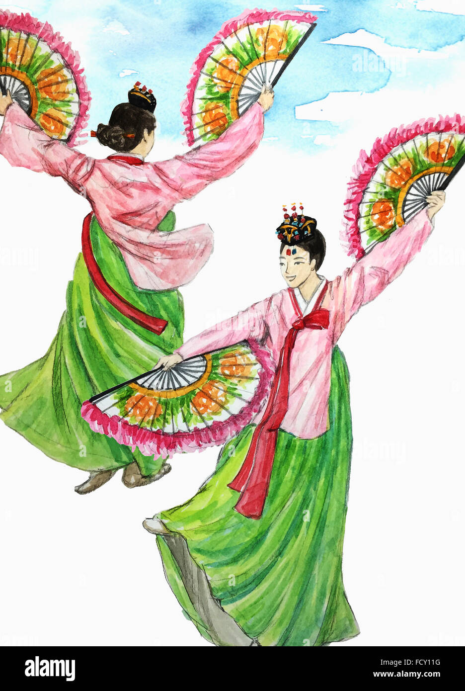 Korean traditional cultural performance in watercolor illustration ...