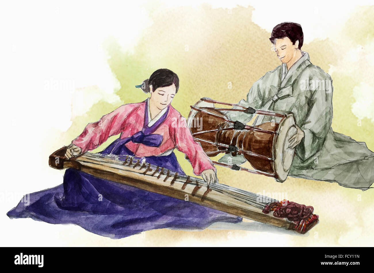 Korean traditional musical performance in watercolor illustration Stock ...