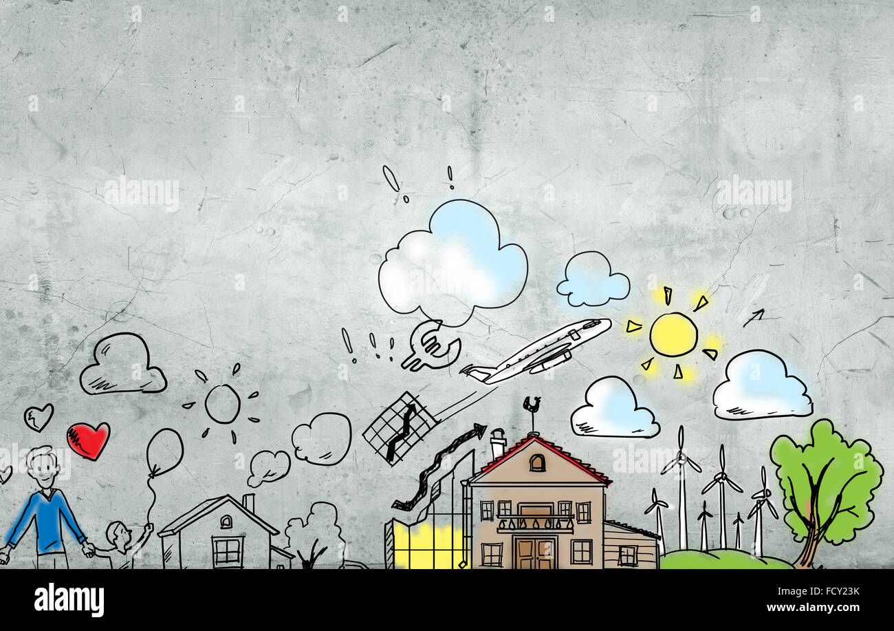 Background image with sketches of life values Stock Photo - Alamy