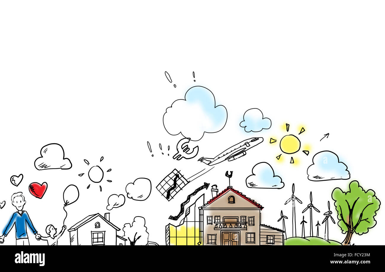 Background image with sketches of life values Stock Photo - Alamy