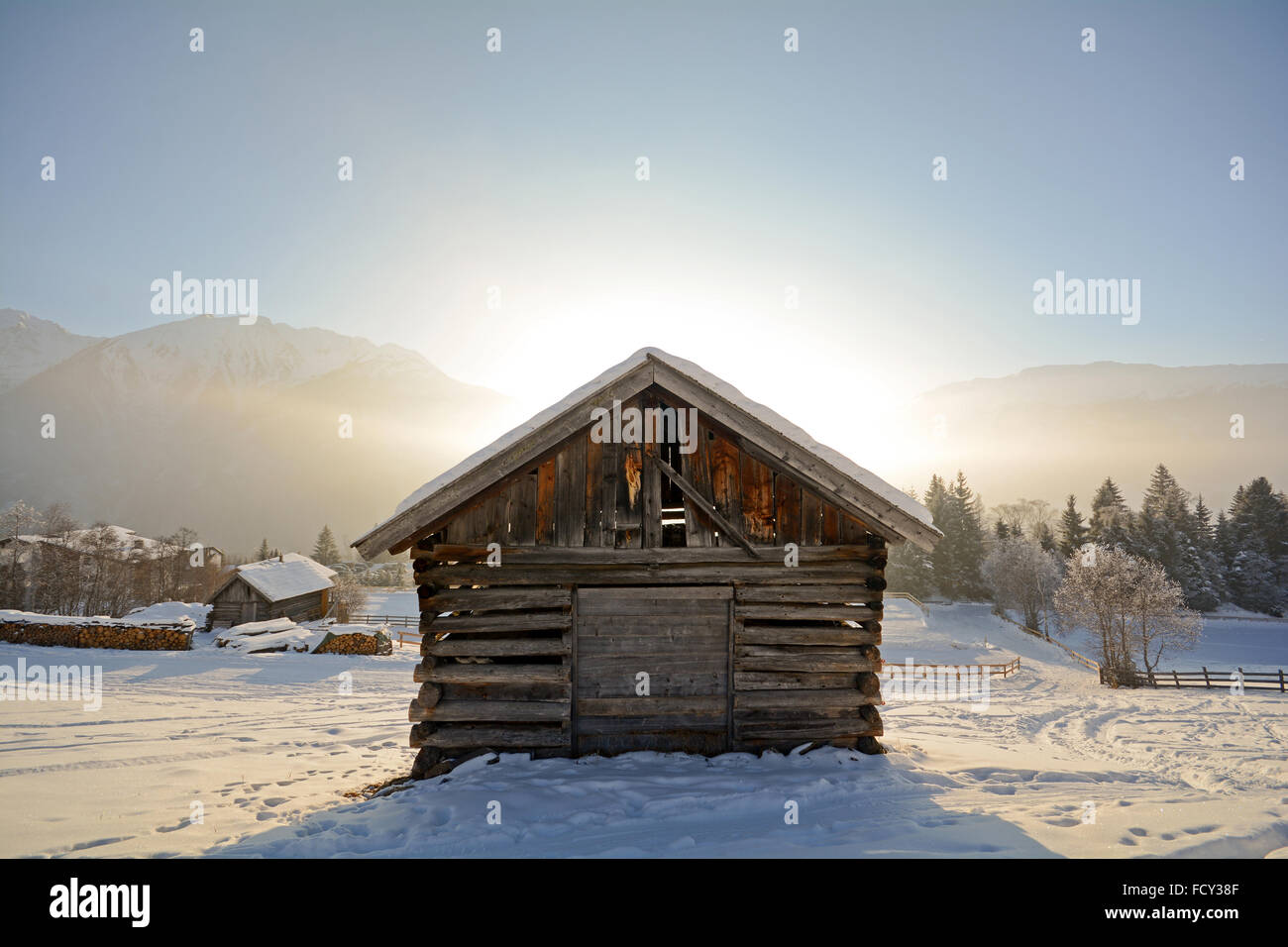 Winter landscape with wooden barn, Pitztal Alps - Tyrol Austria Europe ...
