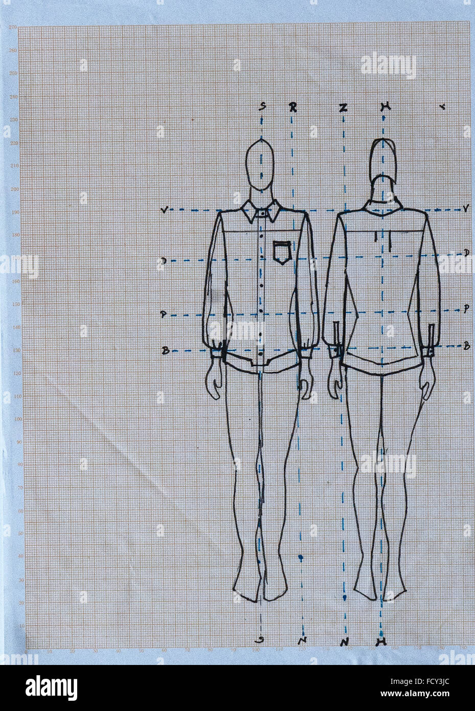 Handmade technical fashion draw of a man shirt, from back and front ...