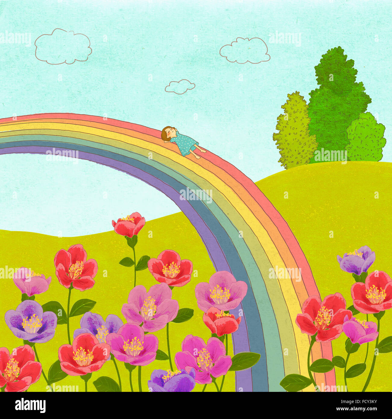 Imaginary illustration of rainbow and a girl representing hope and ...