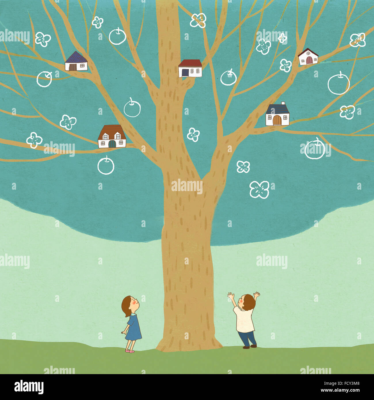 Imaginary illustration of a big tree and children representing hope ...