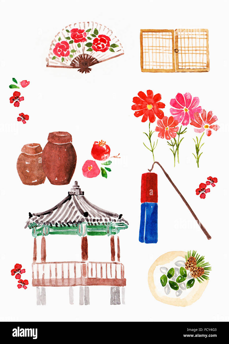 Various images of Korean traditional objects and fall in illustration ...