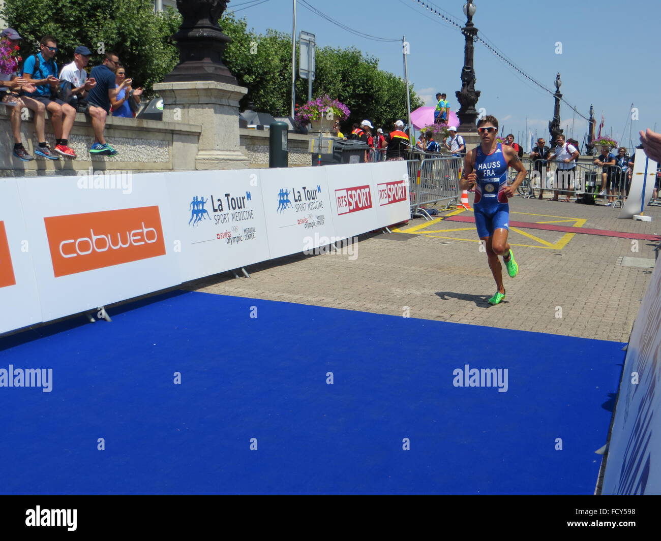 David Hauss, France elite triathlete, near the finish line at the 2015 ...