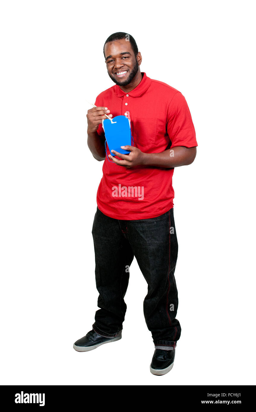 Black African American man eating Chinese or Japanese Asian food Stock ...