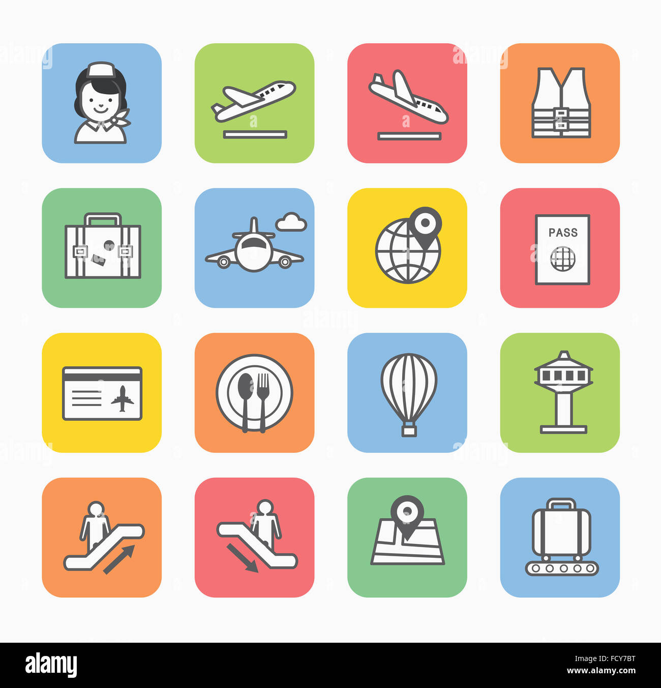 Collection of icons related to airport Stock Photo - Alamy