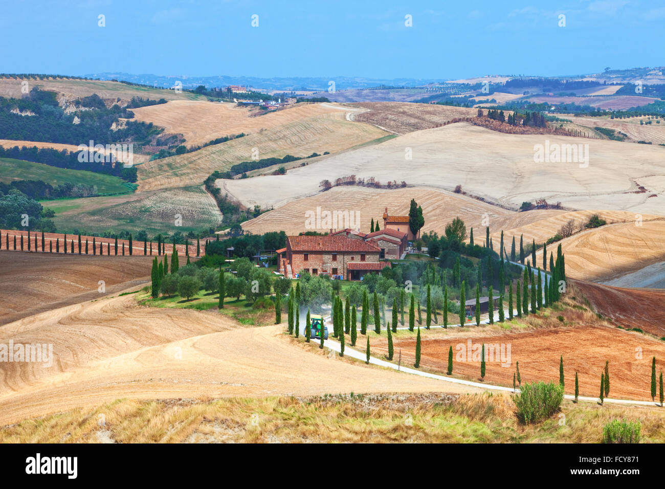 Italy Tuscany Le Crete - Farmhouse and Cypress Trees Stock Photo - Alamy