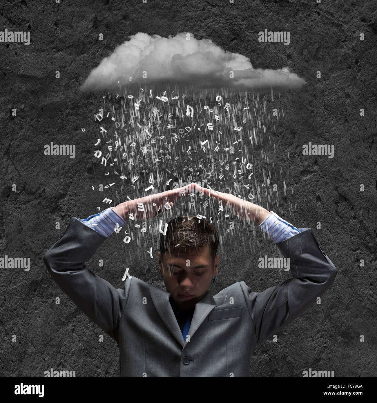 Businessman sitting under rain protecting head with arms Stock Photo ...