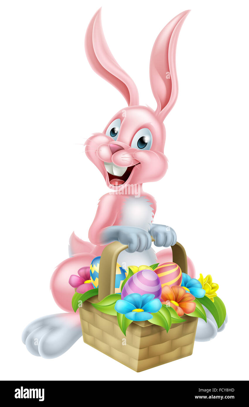 Cartoon Easter bunny rabbit holding an Easter basket full of chocolate ...