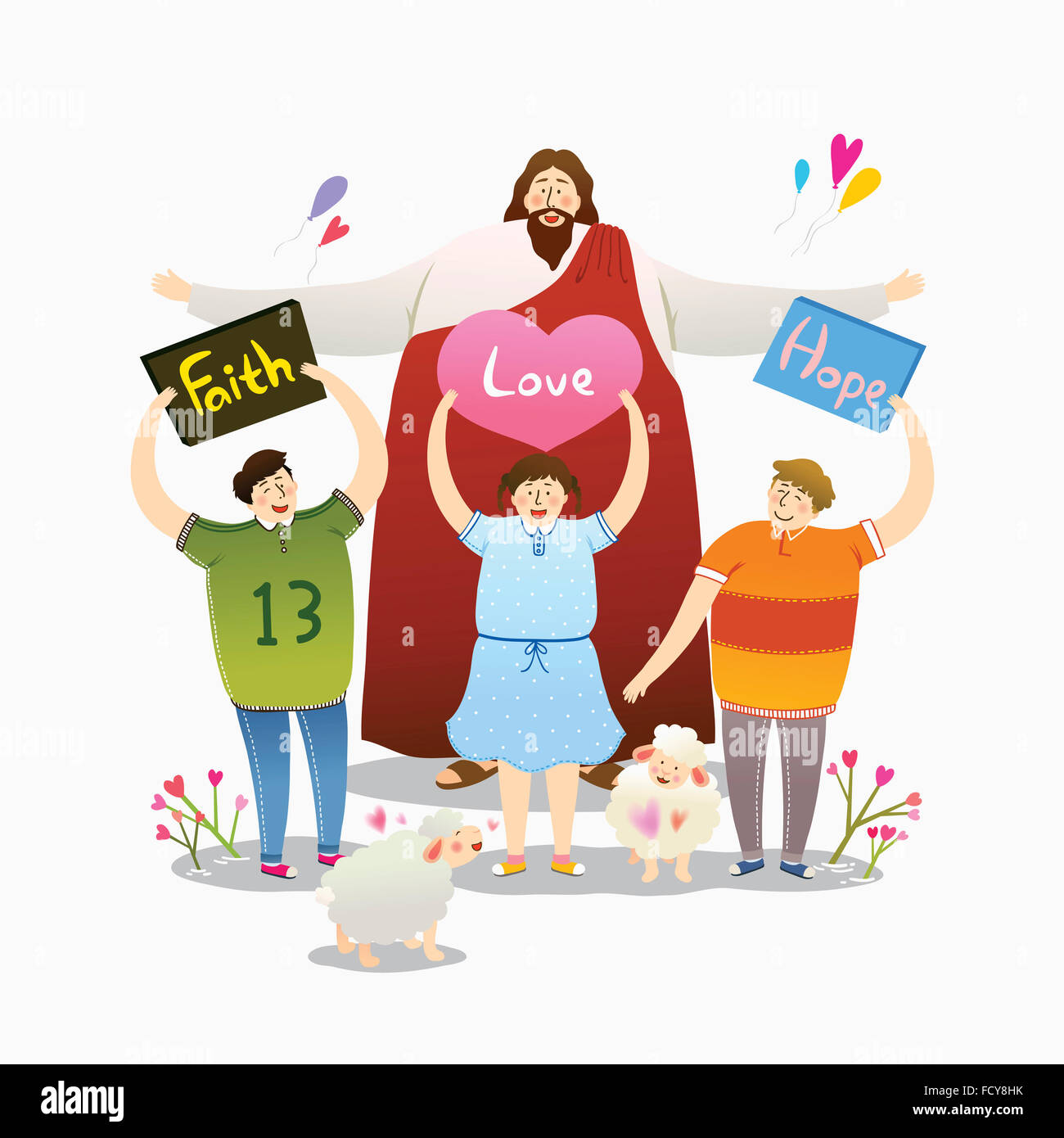 Jesus Christ and people holding a sign each saying Faith, Love, and ...