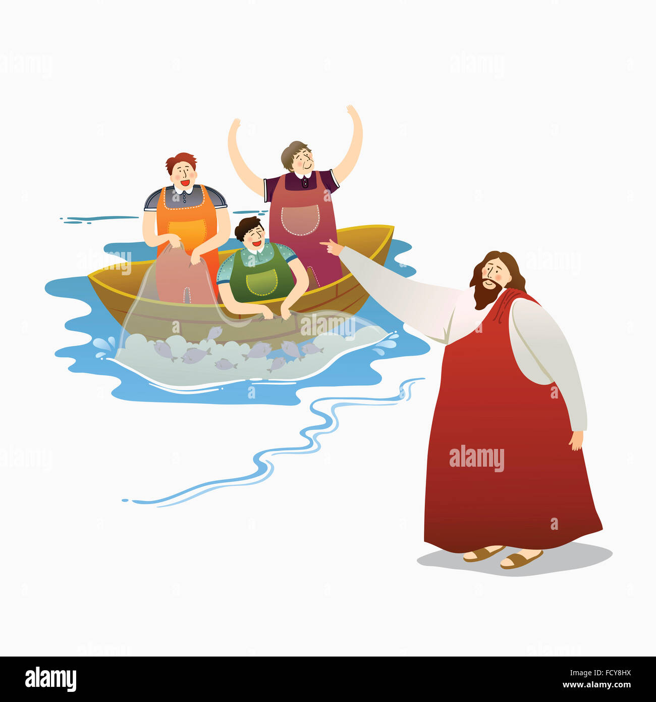 Jesus Christ pointing with his finger towards fishers on boat Stock ...