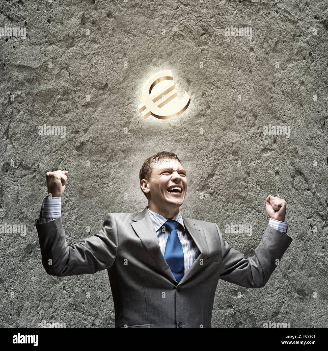 Successful businessman screaming in sky. Money concept Stock Photo - Alamy