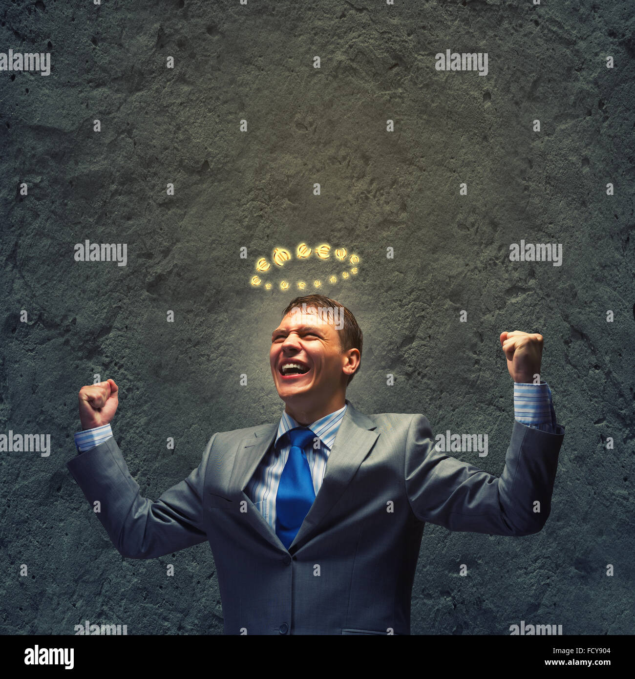 Successful businessman screaming in sky. Money concept Stock Photo - Alamy
