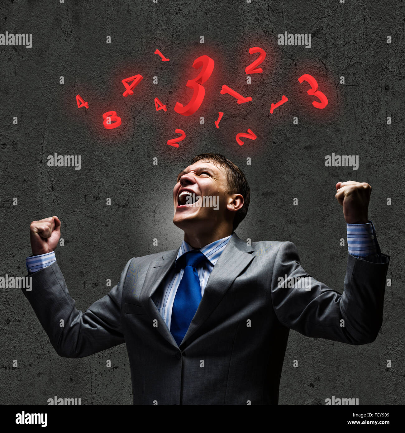 Successful businessman screaming in sky. Money concept Stock Photo - Alamy