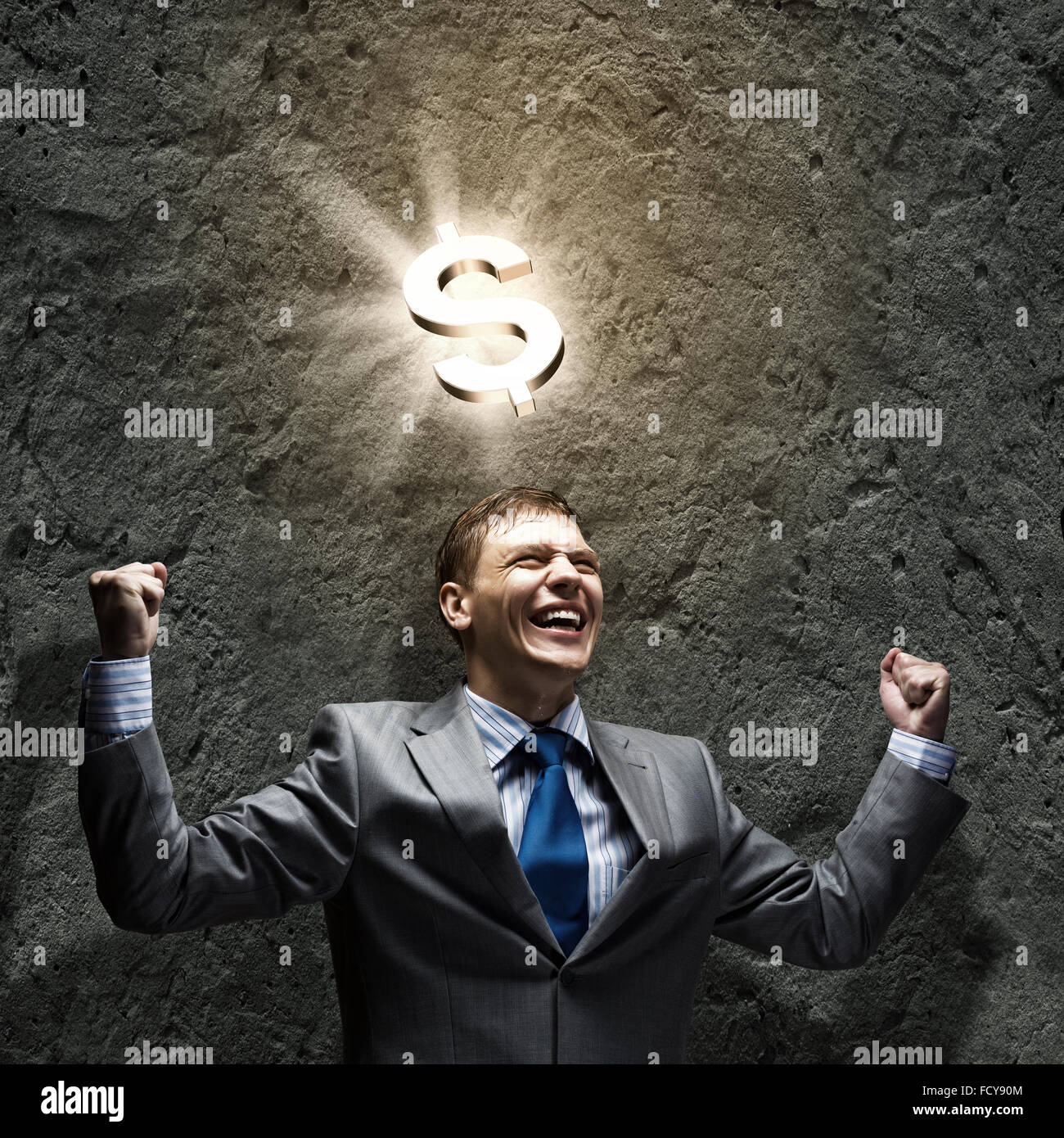 Successful businessman screaming in sky. Money concept Stock Photo - Alamy