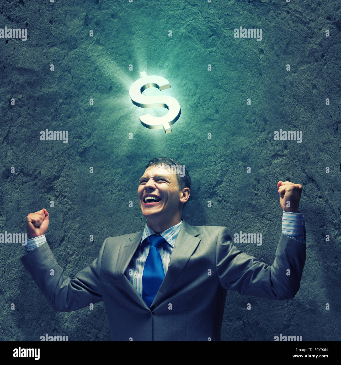 Successful businessman screaming in sky. Money concept Stock Photo - Alamy