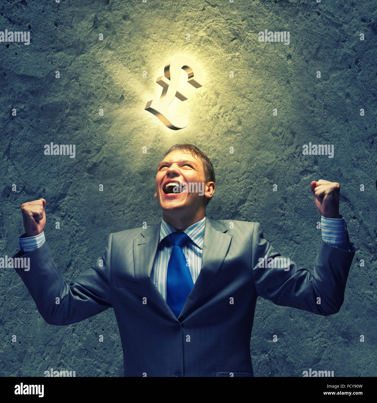 Successful businessman screaming in sky. Money concept Stock Photo - Alamy