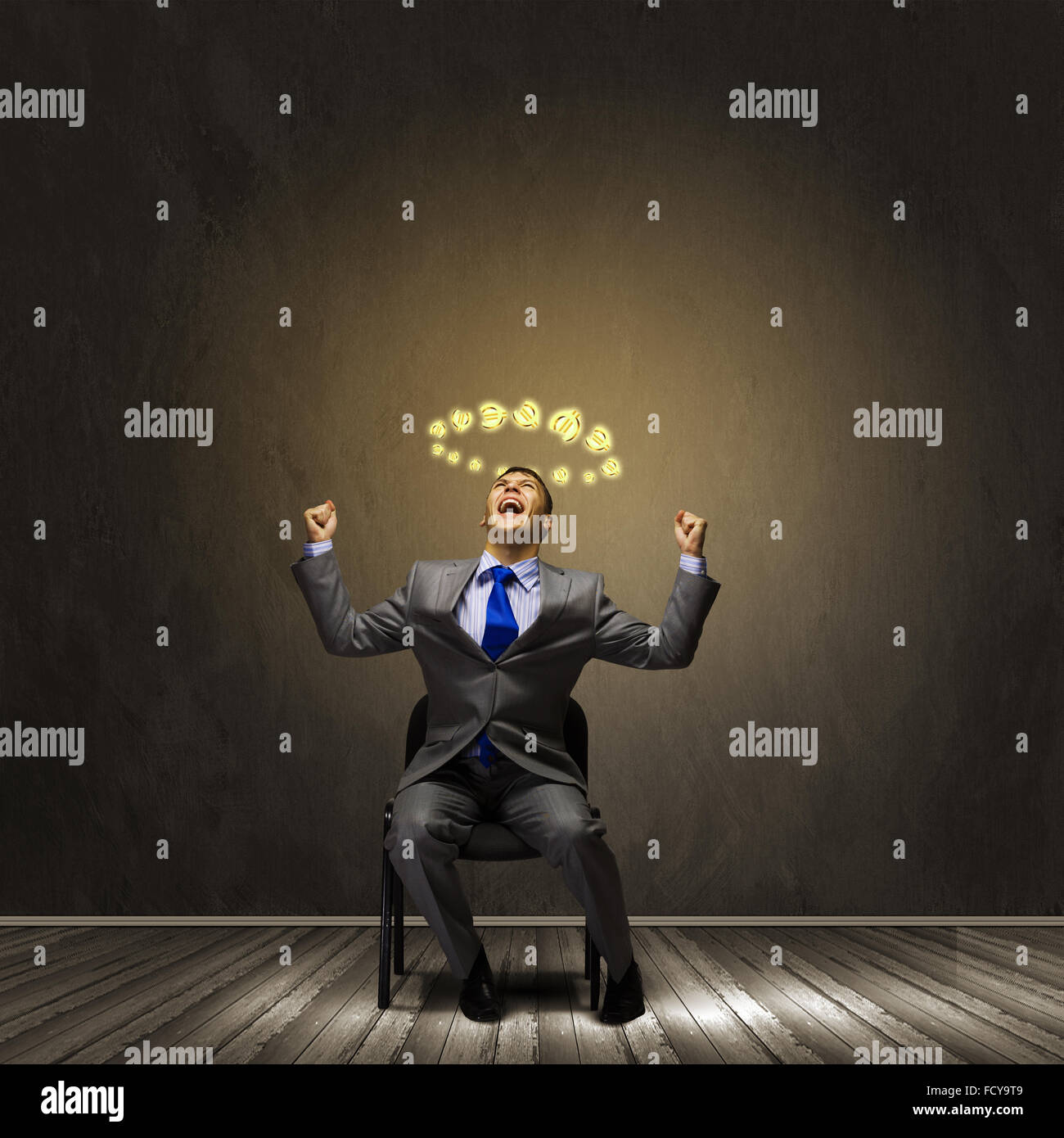 Successful businessman screaming in sky. Money concept Stock Photo - Alamy